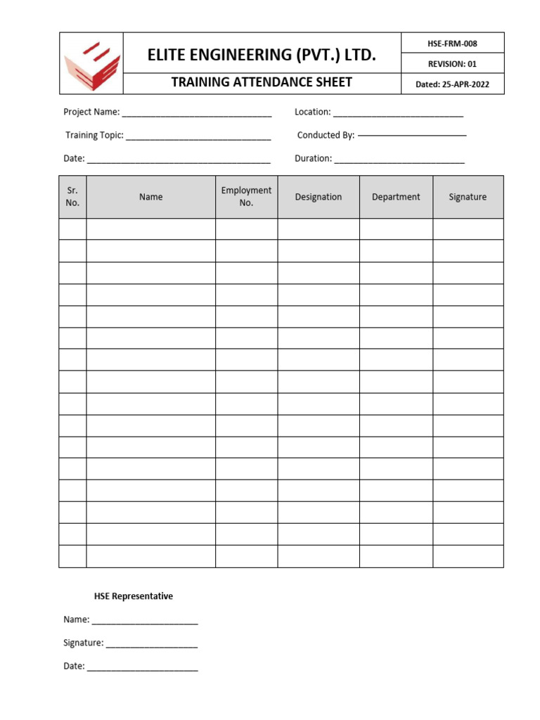 Hse-Frm-008 Training Attendance Sheet | PDF