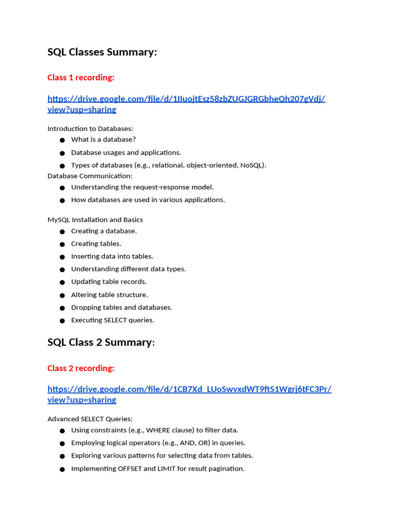 SQL Class Document | PDF