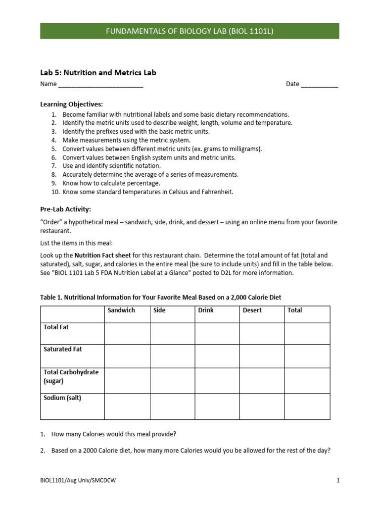 BIOL 1101 Lab 5 Nutrition and Metrics | PDF | International System Of ...