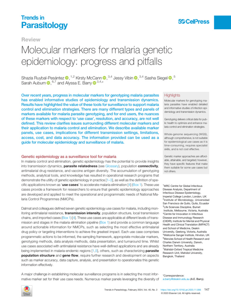 Molecular Markers For Malaria Genetic Epidemiology PR 2024 Trends in ...