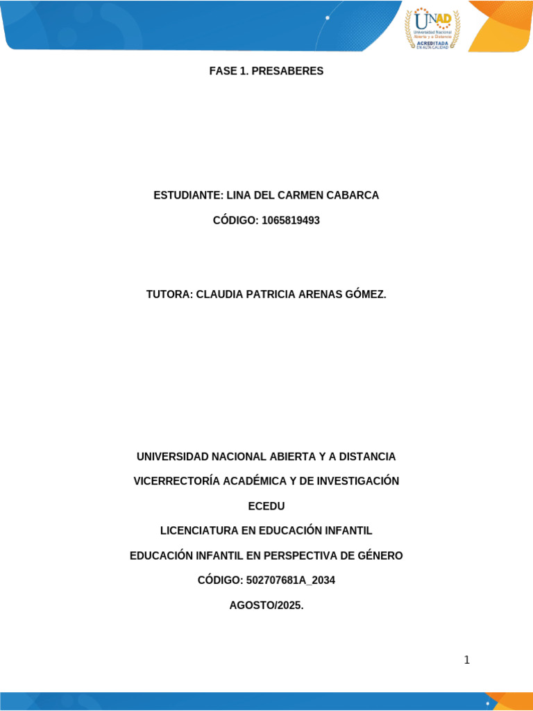 Anexo 1 - Presaberes (5) Lina Cabarca Educacion Infantil Perspectiva ...