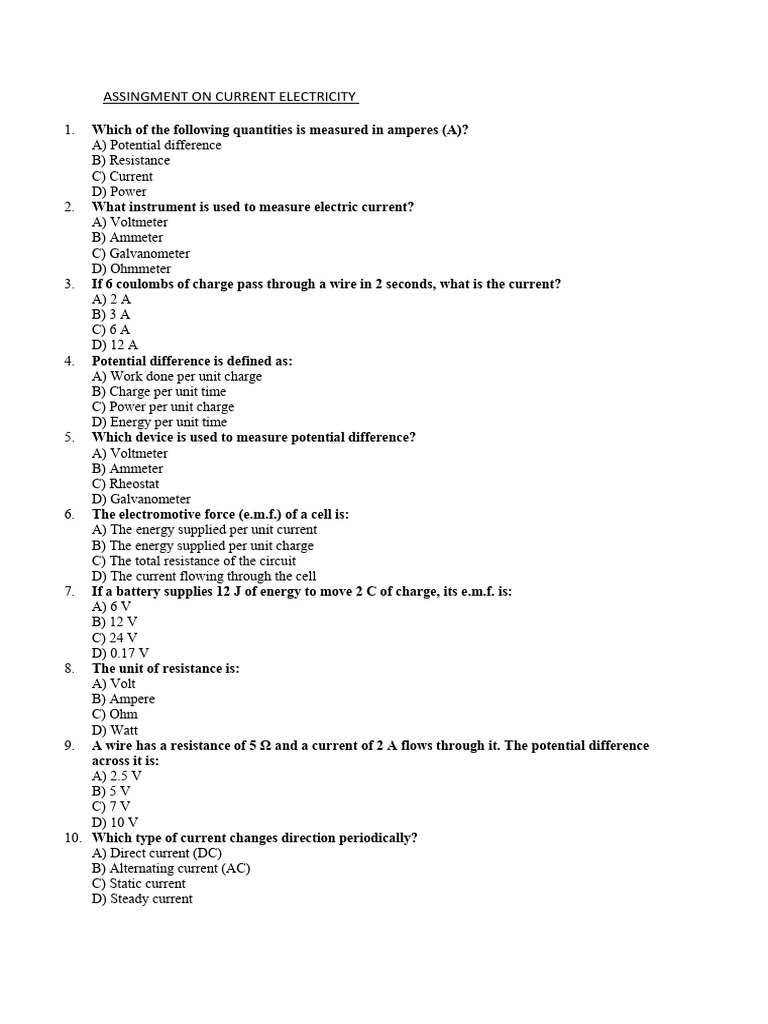 Assignment On Current Electricity | PDF