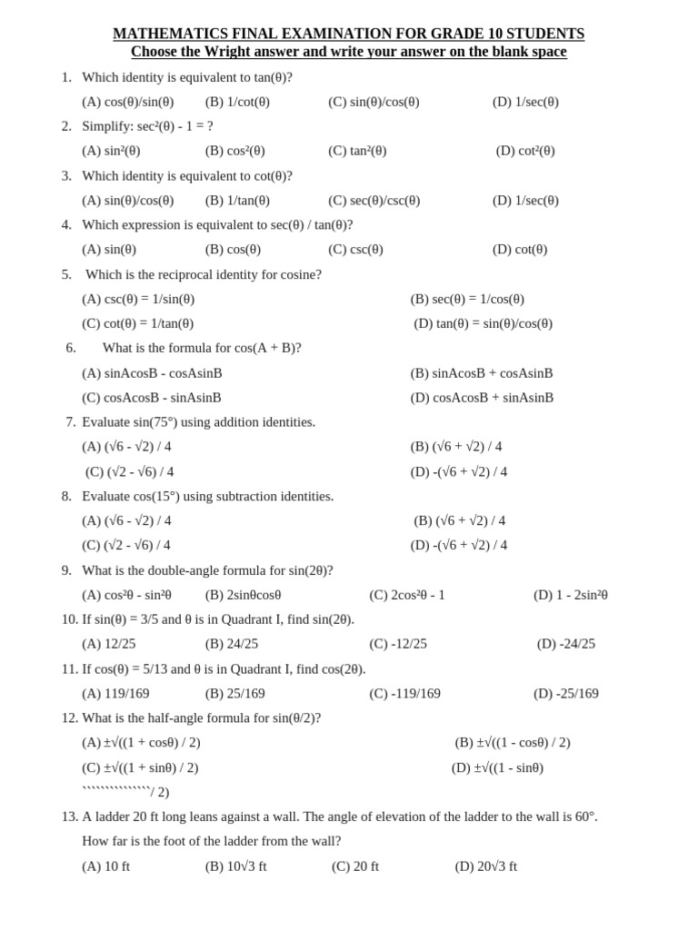 Math g10 2017 Seco Fnal Students | PDF | Trigonometry | Geometric ...