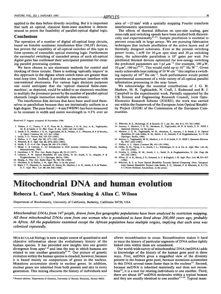 Cann Et Al., 1987 - Mitochondrial DNA and Human Evolution | PDF