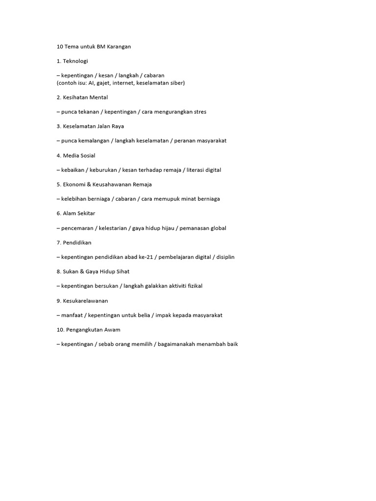 10 Tema Menarik untuk Karangan BM | PDF
