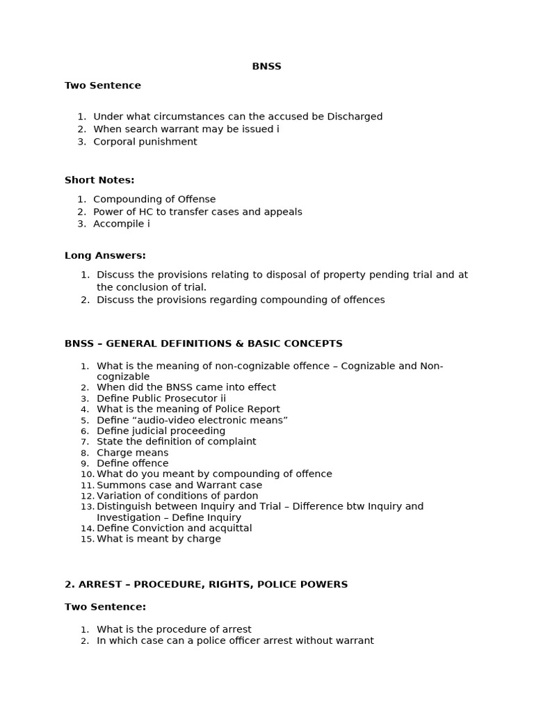 BNSS Overview: Criminal Procedure Concepts | PDF | Bail | Arrest