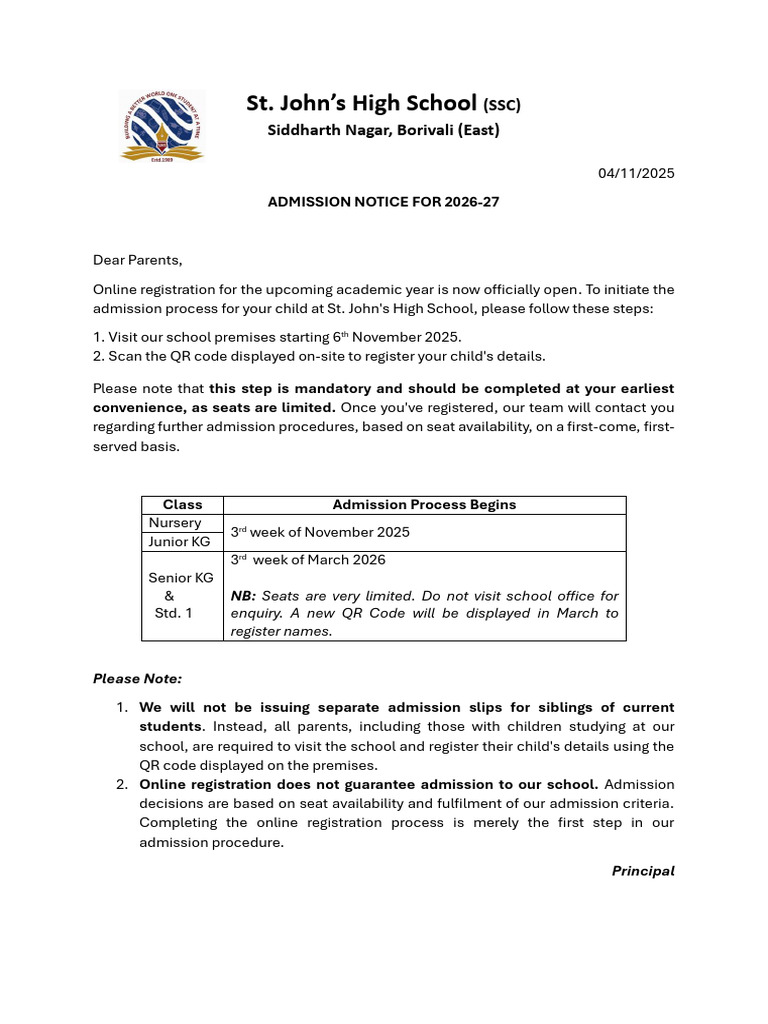 St. John's High School Admission Notice 2026-27 | PDF
