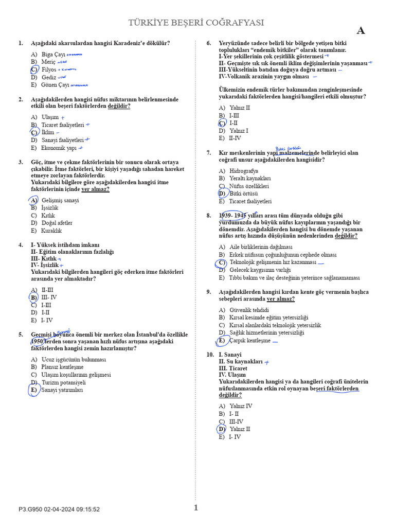 TÜRKİYE BEŞERİ COĞRAFYASI 2024 VİZE | PDF