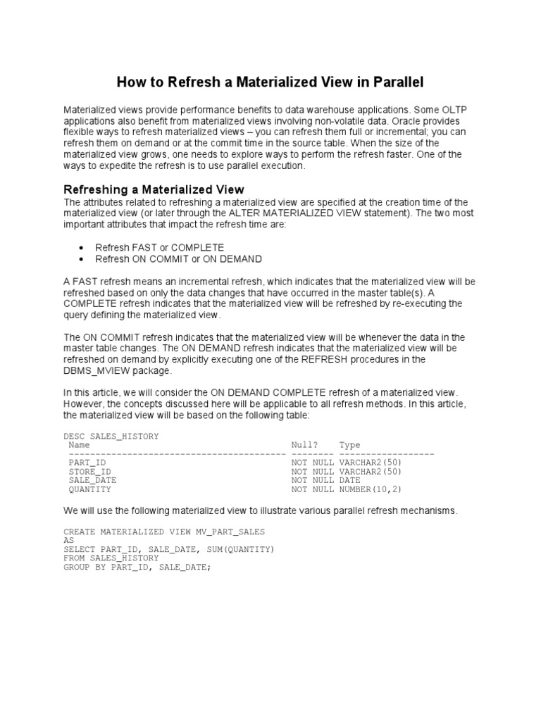 MV Refresh Parallel | PDF | Parallel Computing | Databases MV Refresh Parallel | PDF | Parallel Computing | Databases