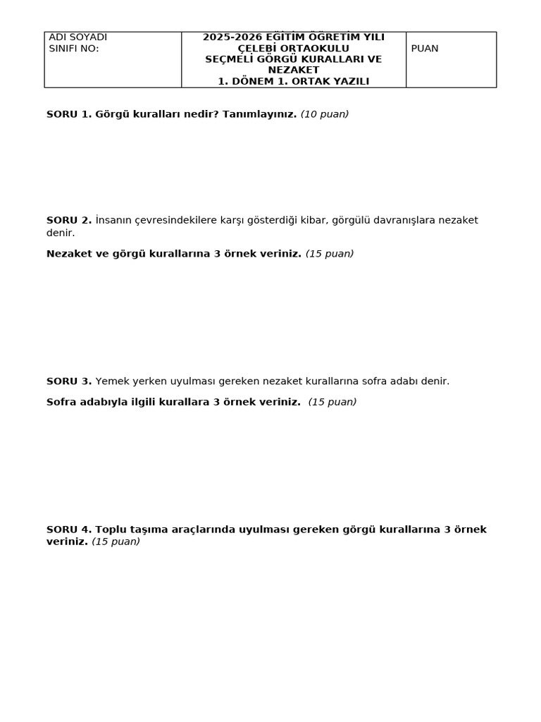 2023 2024 Secmeli Gorgu Kurallari Ve Nezaket 1. Donem 1. Ortak Yazili | PDF