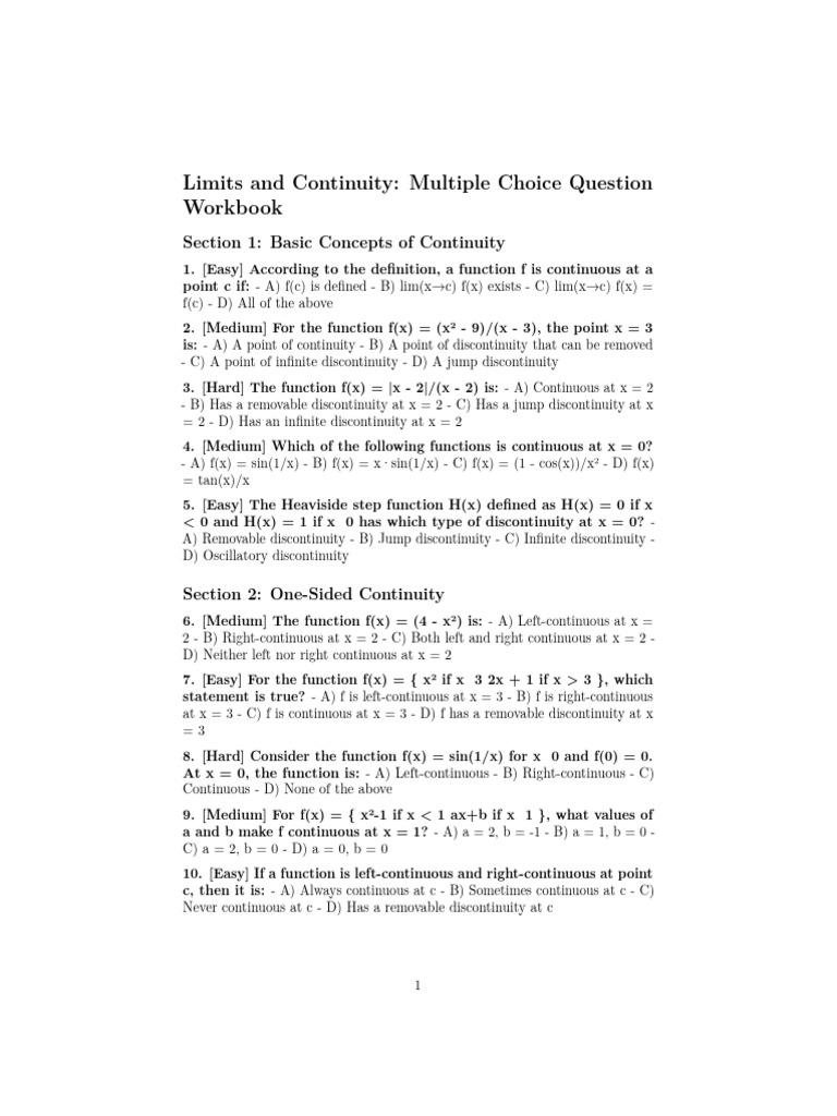 Limits and Continuity MCQ Workbook | PDF | Continuous Function | Function (Mathematics)