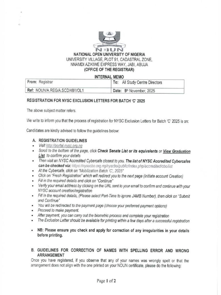 Registration For Nysc Exclusion Letters For Batch 'C' 2025 | PDF