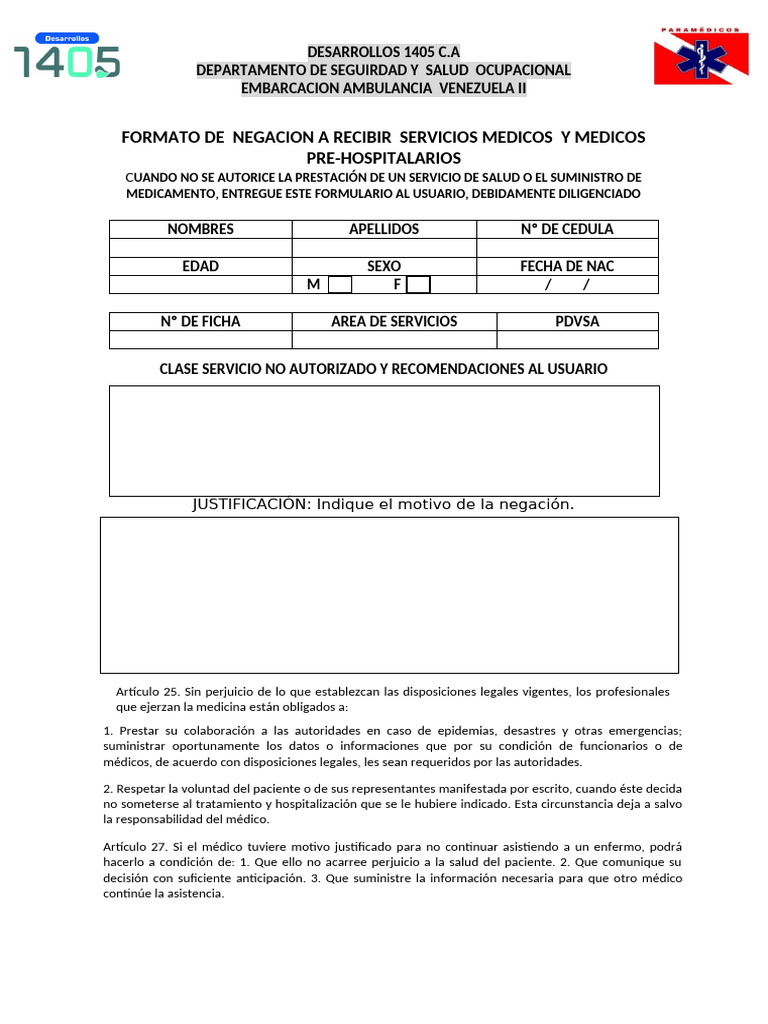 Formulario de Negación de Servicios Médicos | PDF | Paramédico ...