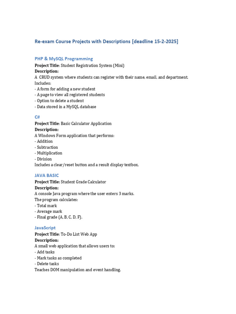 Re-Exam Course Projects With Descriptions | PDF