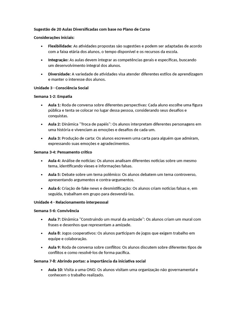 projeto de vida- Sugestão de 20 Aulas Diversificadas com base no Plano de Curso | PDF ...
