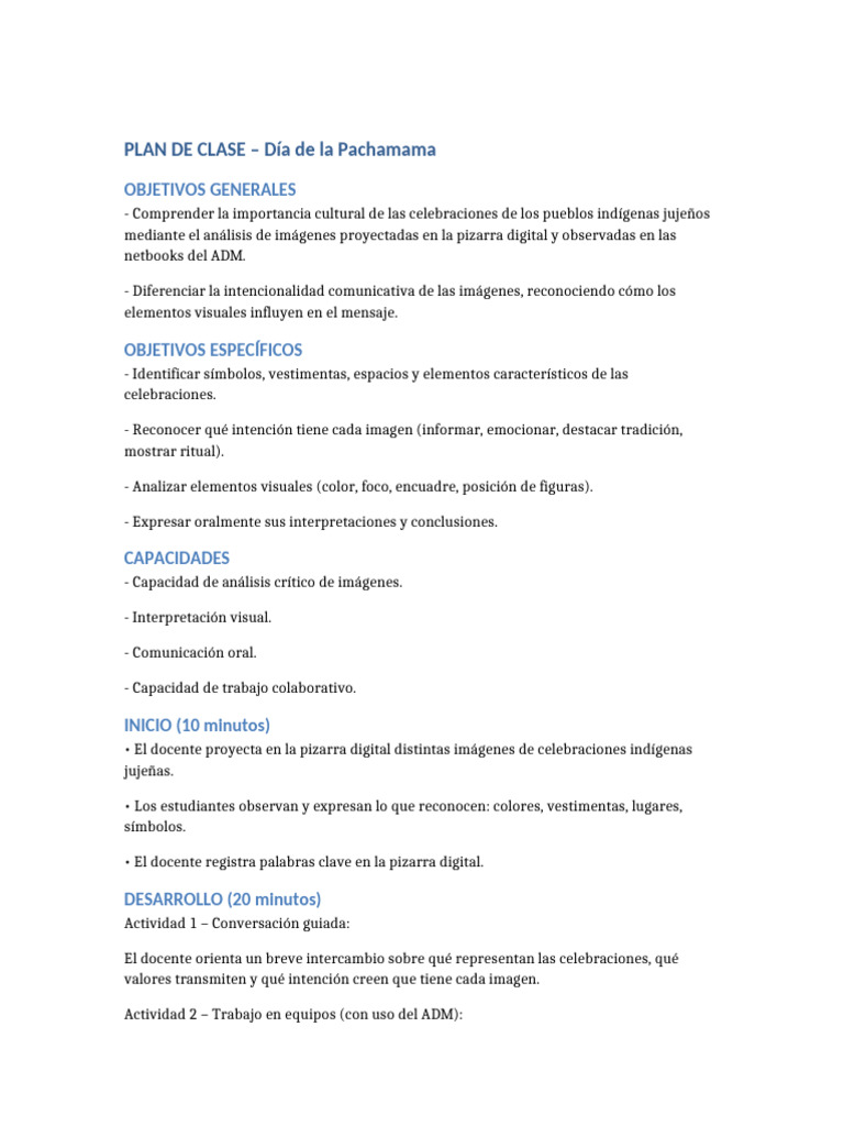 Plan de Clase Pachamama | PDF | Imagen | Comunicación