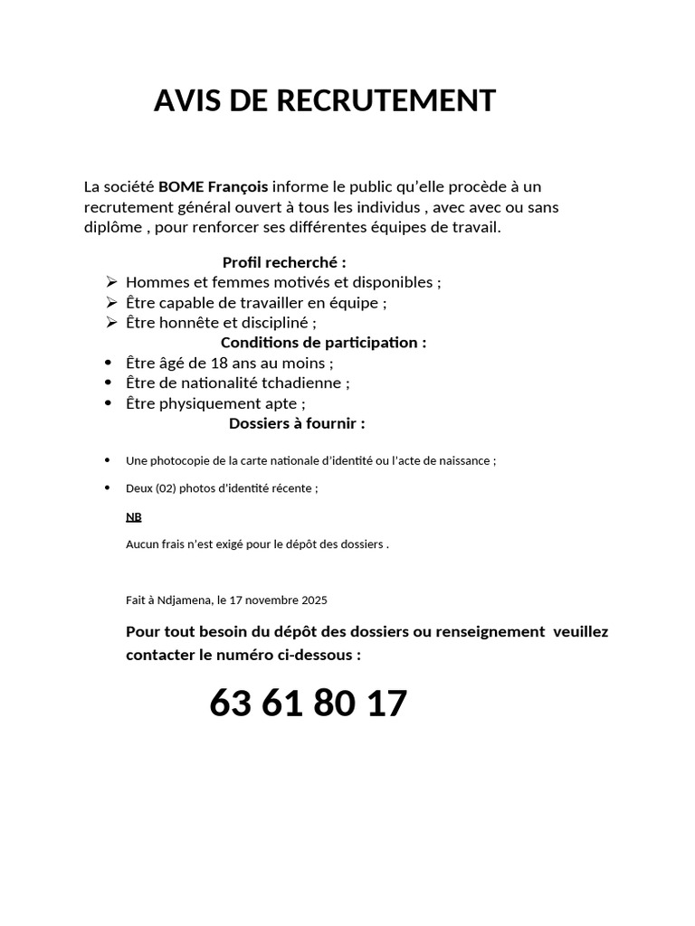 Recrutement Ouvert chez BOME François | PDF