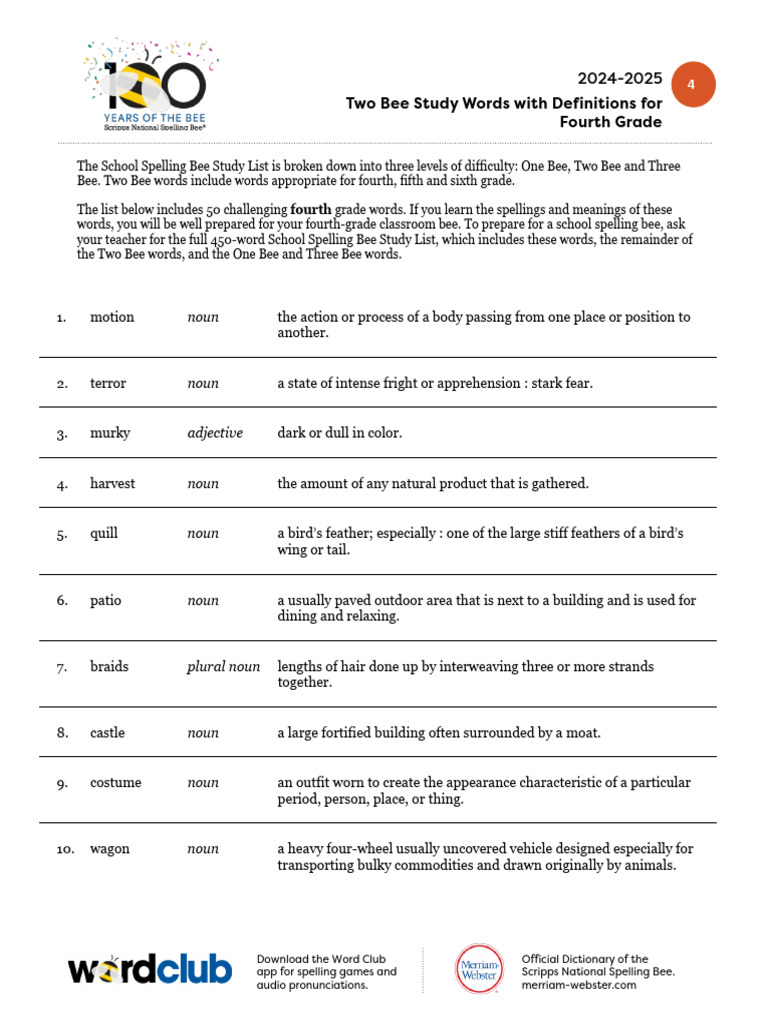 Fourth Grade Spelling Bee Word List | PDF | Noun | Adjective