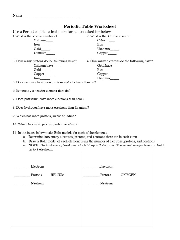 WORKSHEET 01 - Periodic Table | PDF | Chemical Elements | Proton