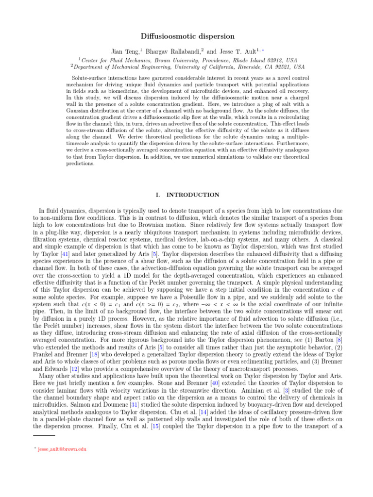 Diffusioosmotic Dispersion Dynamics | PDF | Diffusion | Applied And ...