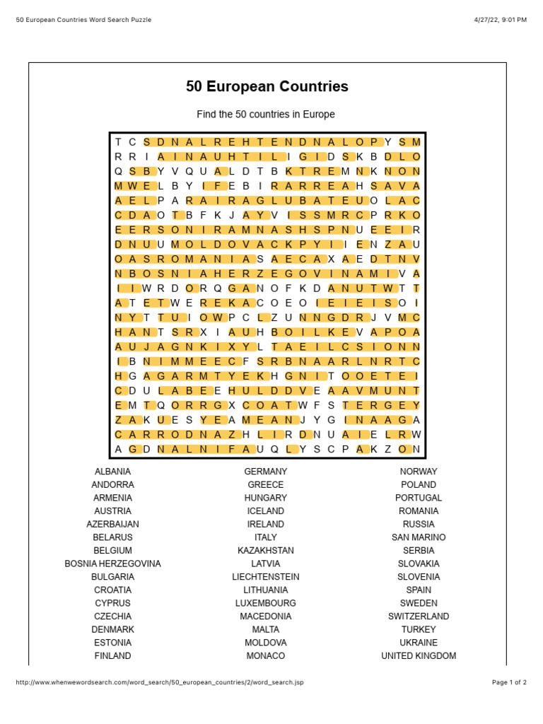 50 European Countries Word Search Puzzle | PDF | National Association ...