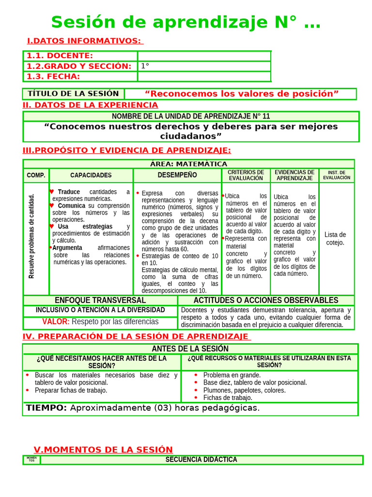SESIÒN RECONOCEMOS LOS VALORES DE POSICIÒN MAESTRA JANET | PDF | Aprendizaje