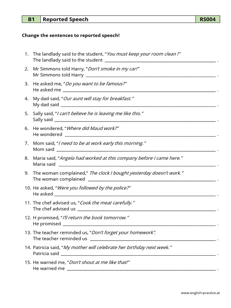 Reported Speech - PDF Grammar Worksheet - B1 - RS004 | PDF | Self ...
