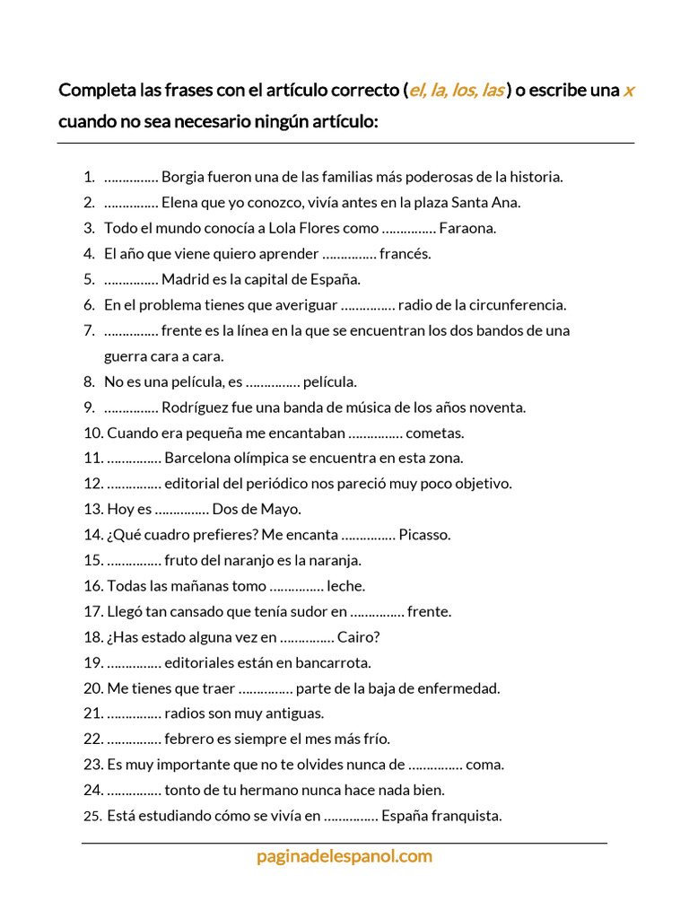 Ejercicios de artículos en español | PDF
