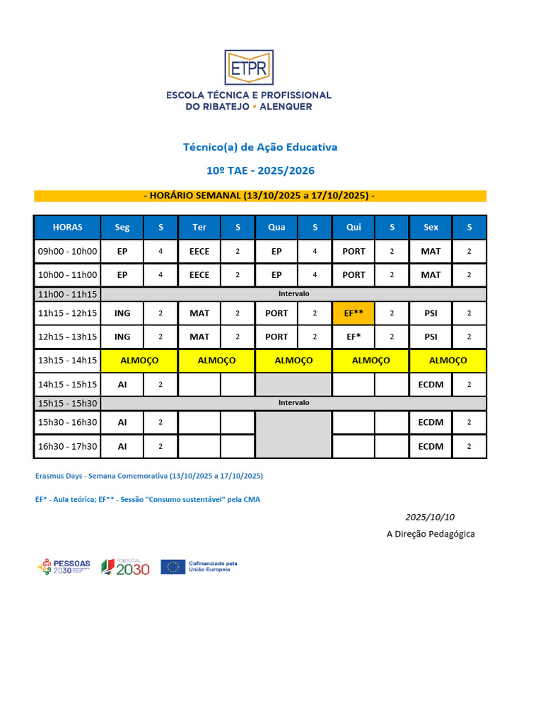 Horários_13-10-2025 a 17-10-2025_10TAE | PDF