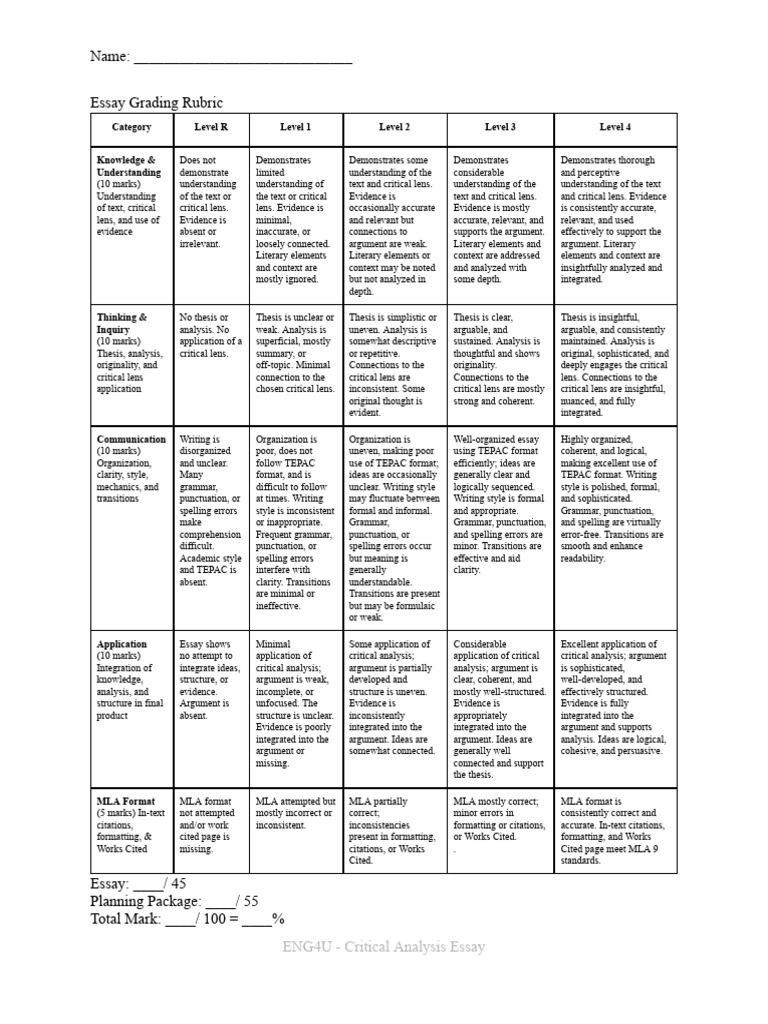 Critical Analysis Essay Assignment - ENG4U | PDF | Critical Thinking ...