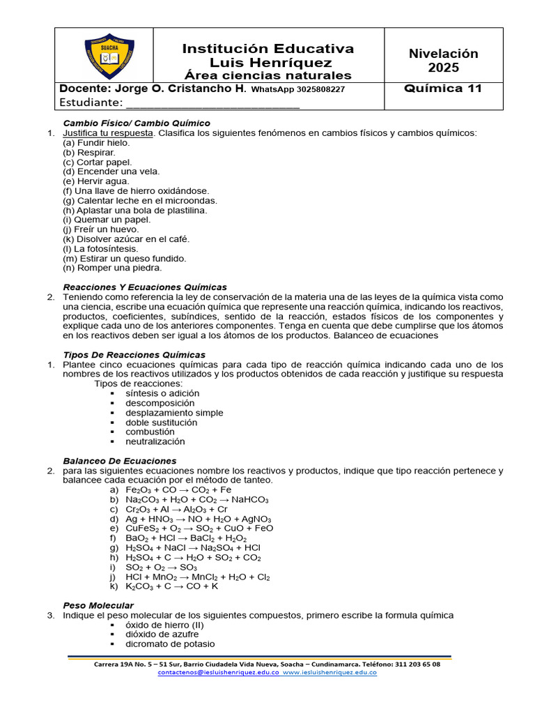 QUIMICA 11 Nivelacion 2025 | PDF | Ácido clorhídrico | Reacciones químicas