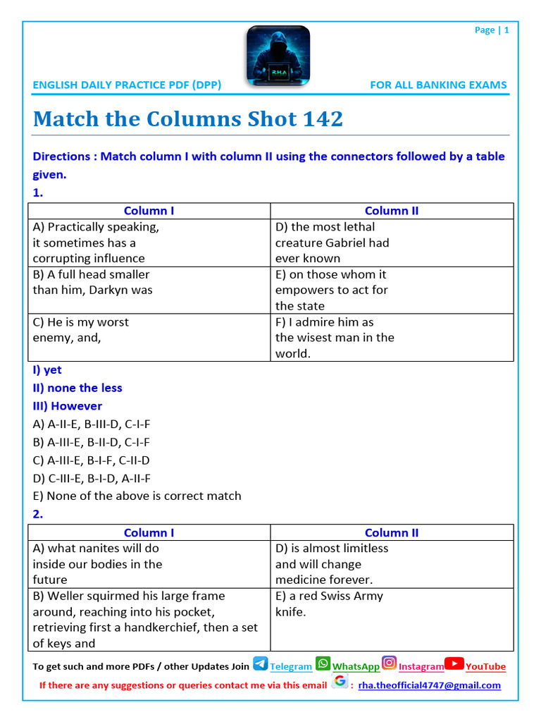 Match the Columns Practice Shot 142 | PDF