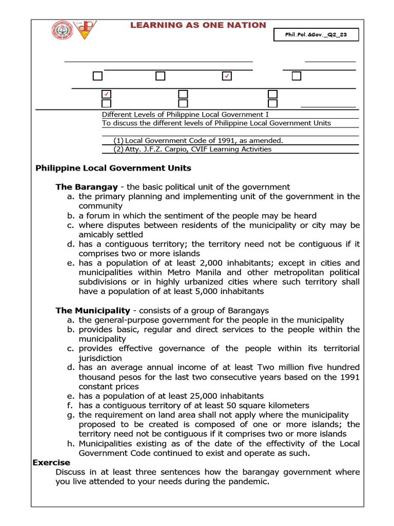 PolGov LAS 23 Different Levels of Philippine Local Government I | PDF ...