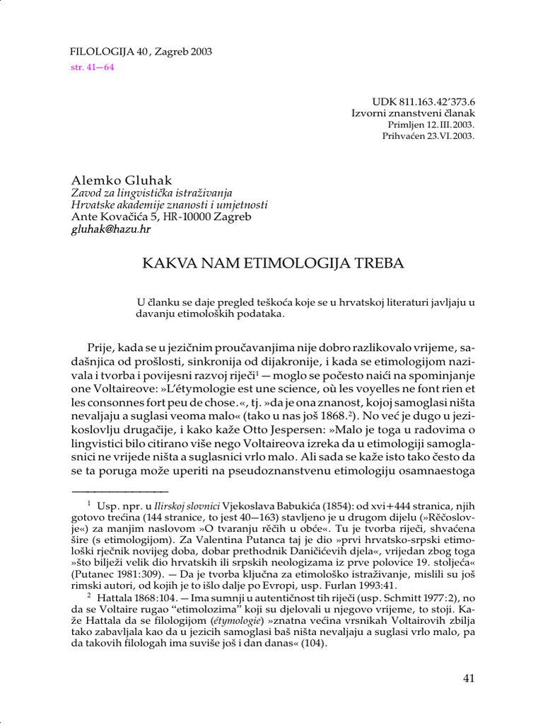 Gluhak A 2003 Kakva Nam Etimologija Treba Filologija 40 | PDF