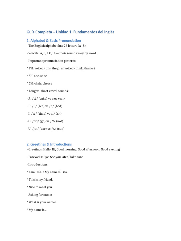 Fundamentos del Inglés: Guía Unidad 1 | PDF | Plural | Grammatical Number