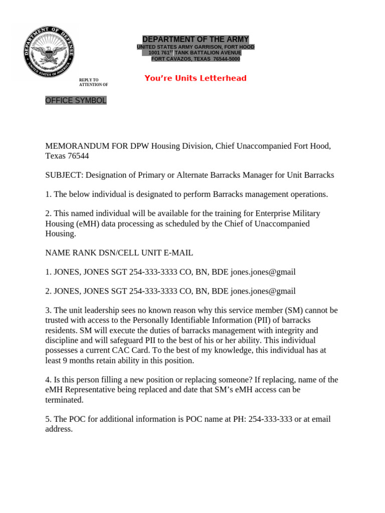 Barracks Manager Duty Assigment Memo Example | PDF