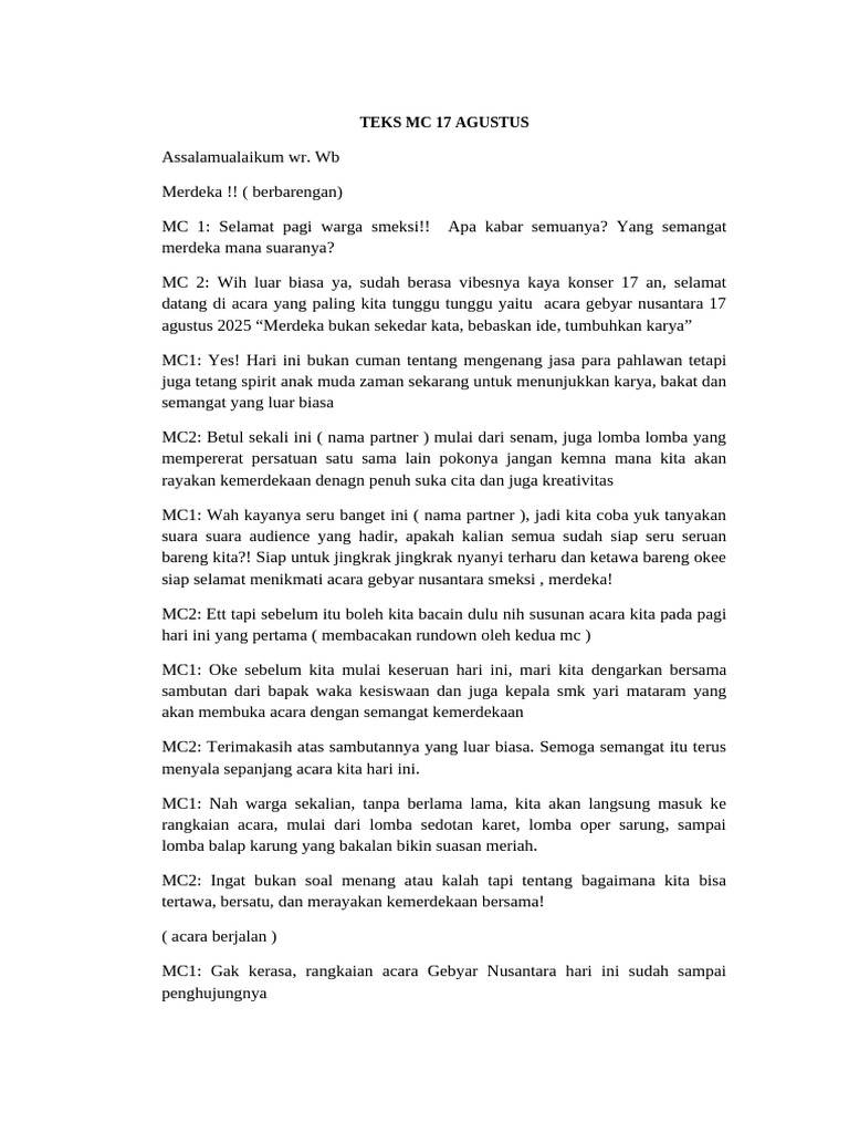 Teks Mc 17 Agustus. Word Vers | PDF
