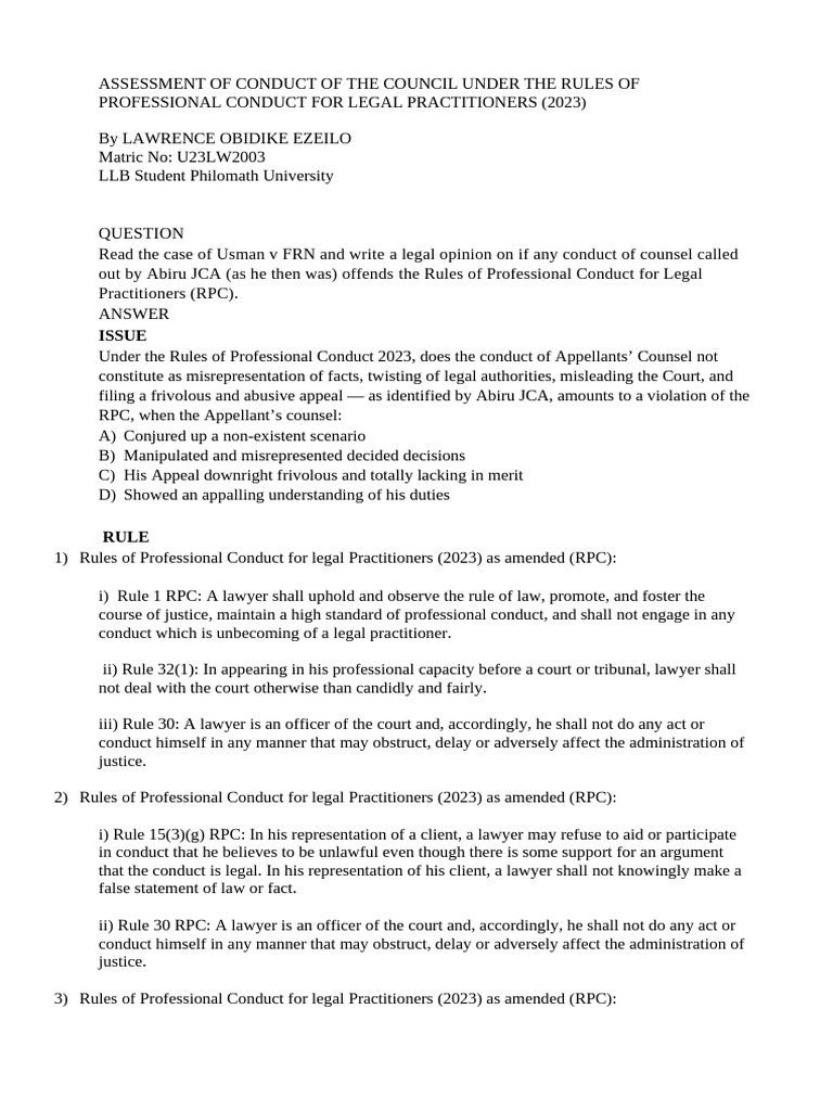 Assessment of Conduct of The Council Under The Rules of Professional ...