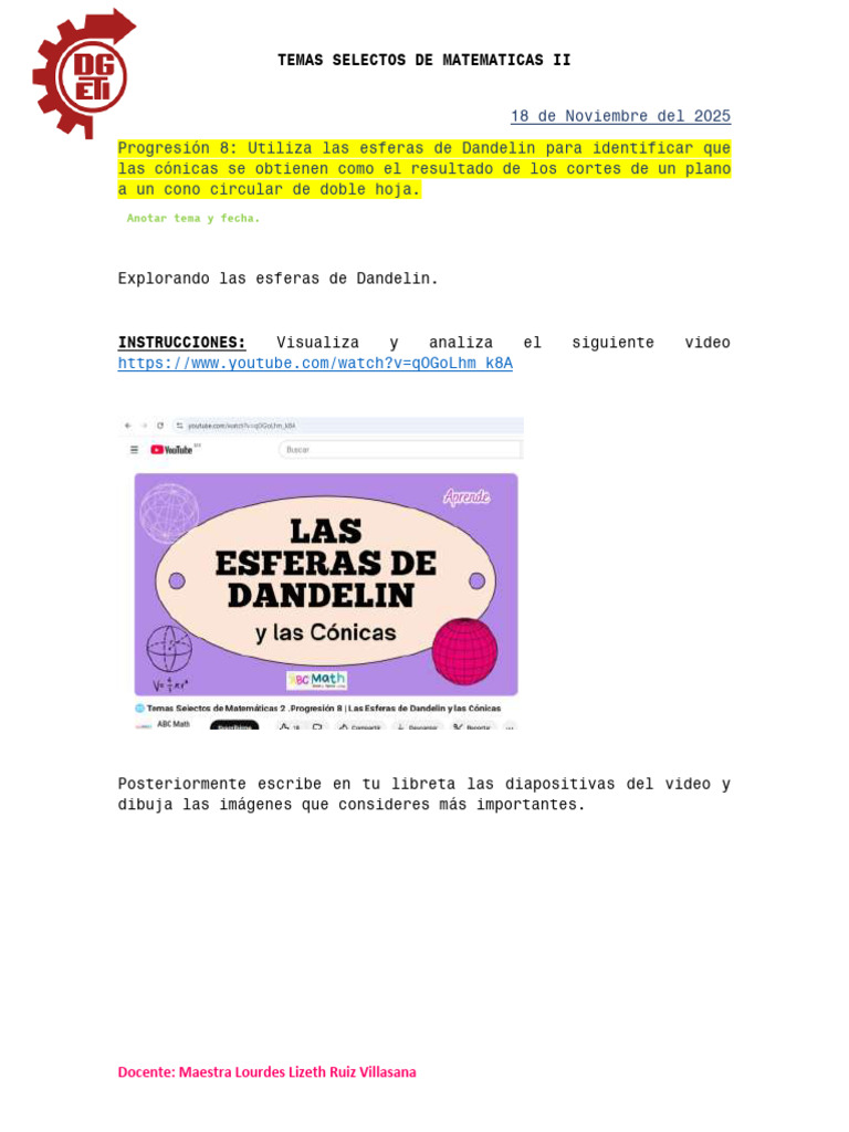 Temas Selectos de Matematicas II Progresion 8 Esferas de Dandelin 18 ...