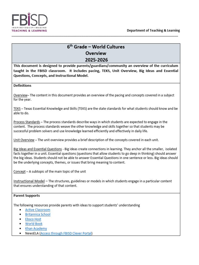 6th Grade World Cultures Curriculum Overview | PDF | Geography ...
