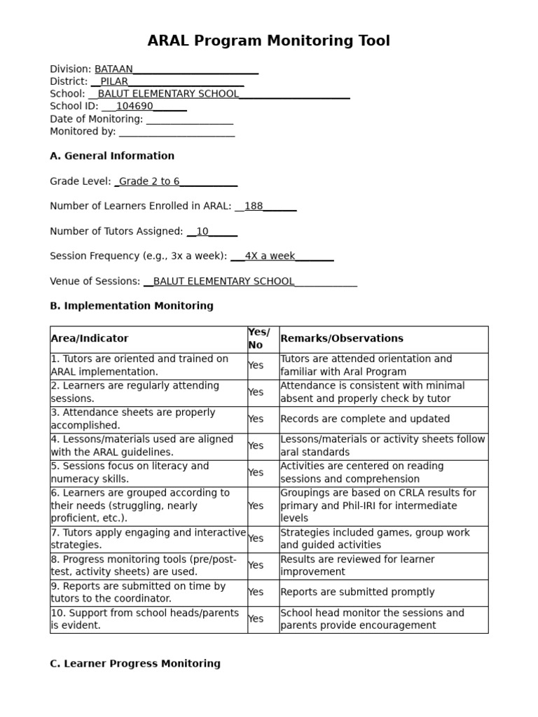 ARAL Program Monitoring Overview | PDF | Reading Comprehension ...
