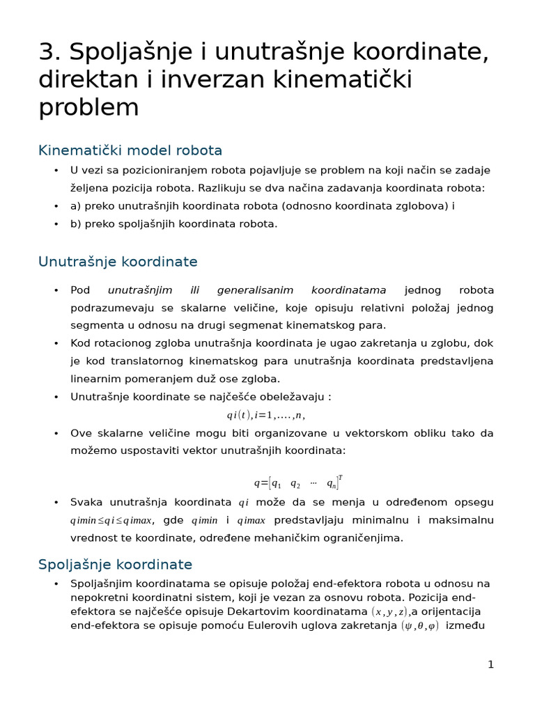 3 Spoljašnje I Unutrašnje Koordinate, Direktan I Inverzan Kinematički ...
