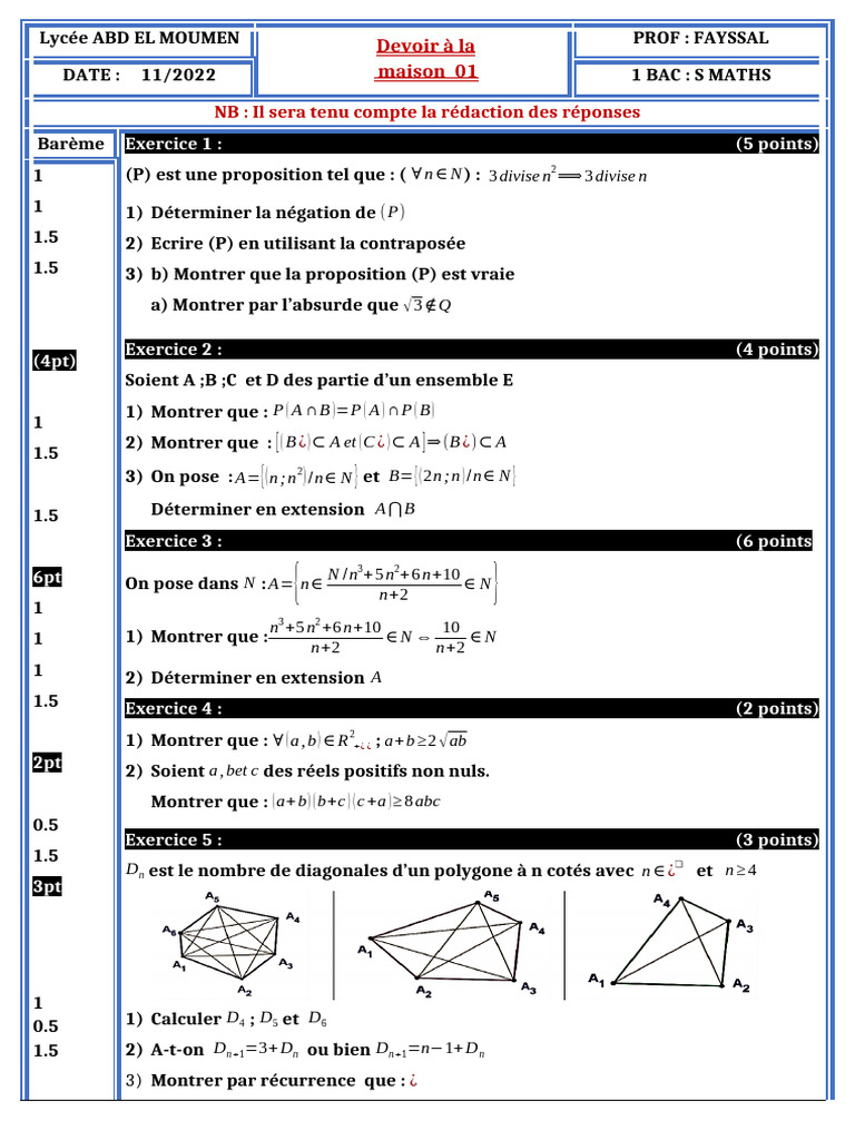 Devoir de Maths 1ère BAC S - Lycée ABD EL MOUMEN | PDF | Logique