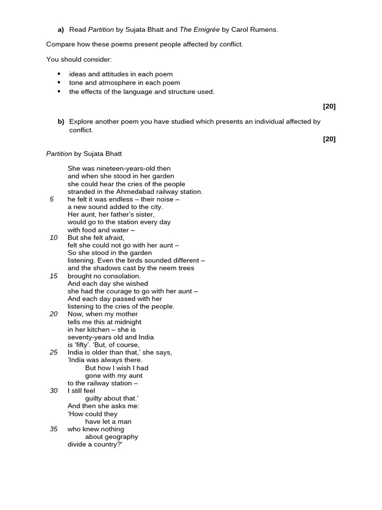 Poetry Comparison - 'Partition' Vs 'The Emigree' | PDF