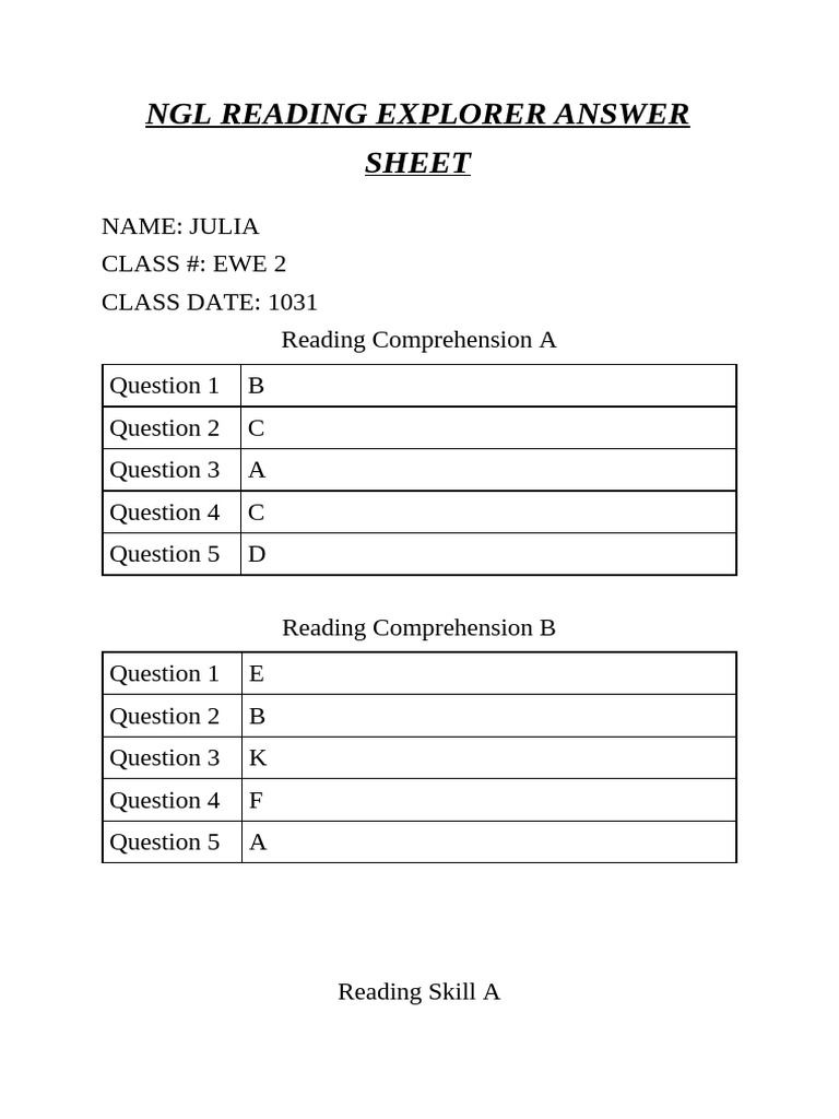 NGL Reading Explorer Answer Key | PDF