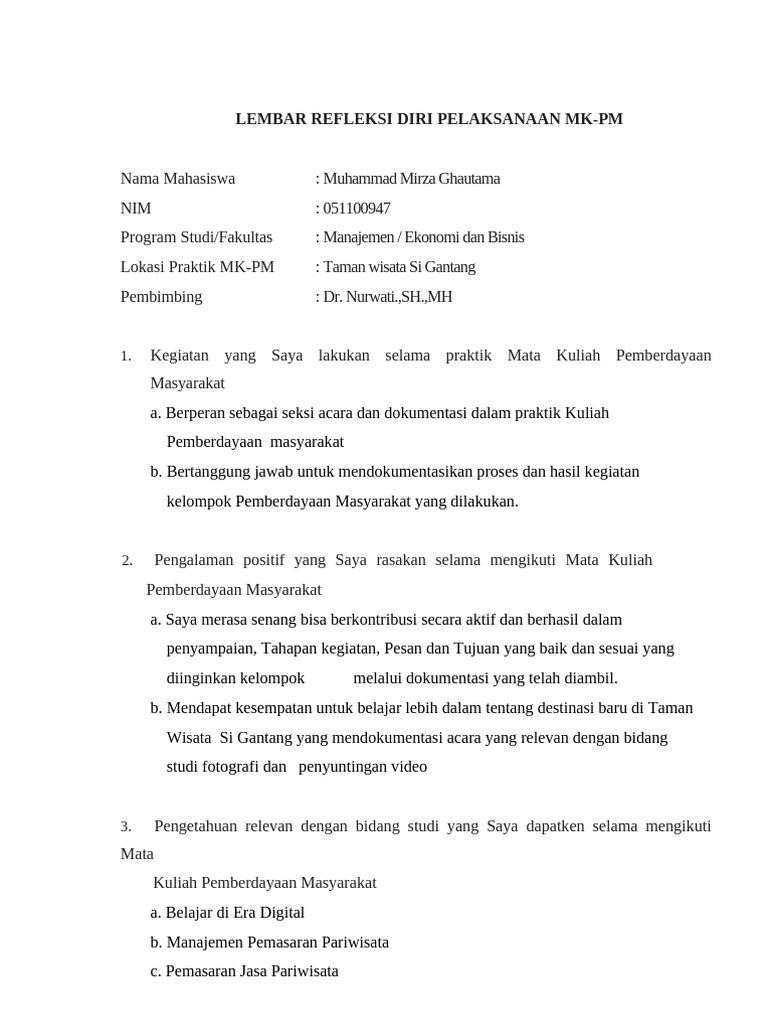 Format Lembar Refleksi Diri | PDF
