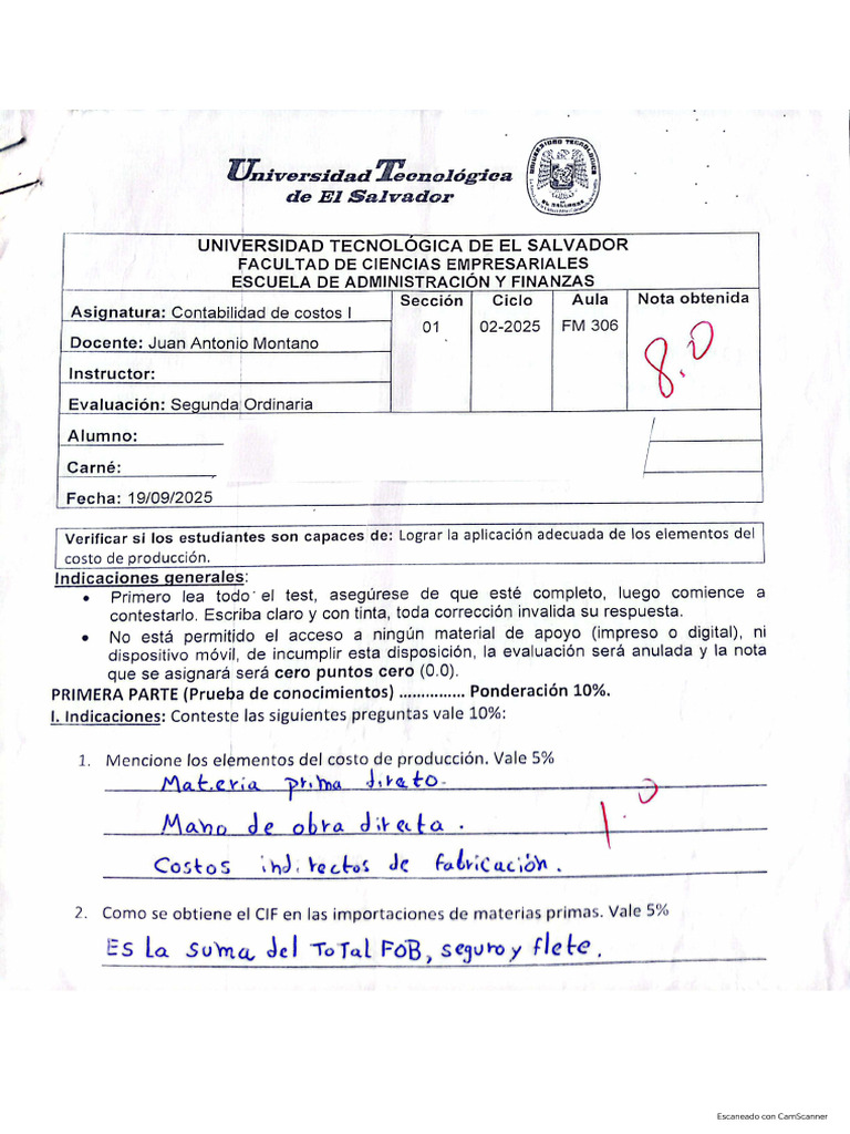 Segunda Evaluacion Ordinaria Contabilidad de Costos 1 UTEC | PDF