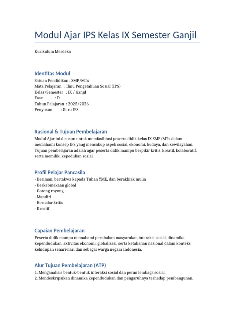 Modul Ajar IPS Kelas IX Semester Ganjil Detail | PDF
