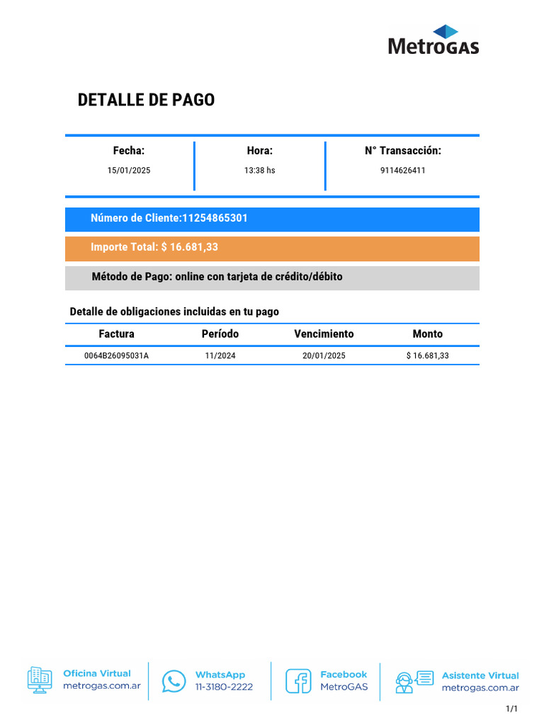 MetroGAS - Detalle de Pago 9114626411 | PDF