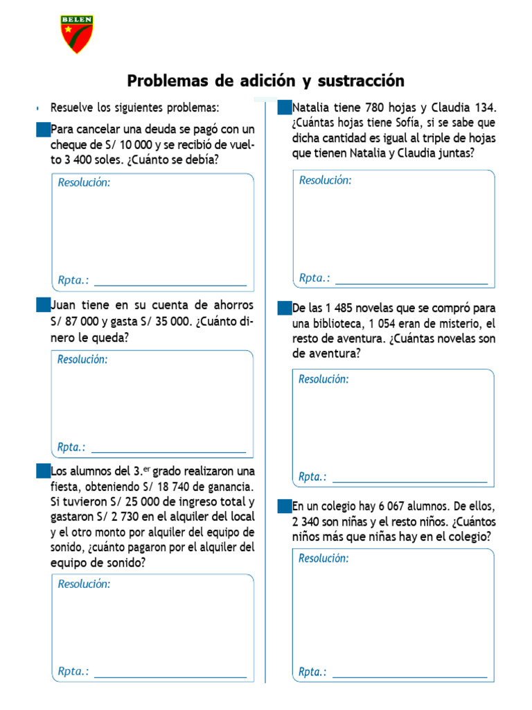 Problemas de Adición y Sustracción | PDF